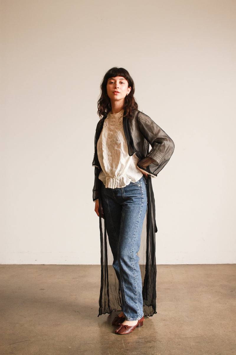 1930s Black Sheer Chiffon Long Duster – Blossom Vintage